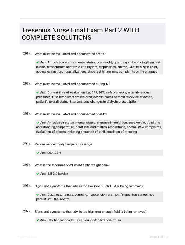 Fresenius Nurse Final Exam Part 2 WITH COMPLETE SOLUTIONS