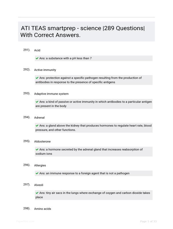 ATI TEAS Smartprep - Science |289 Questions| With Correct Answers.