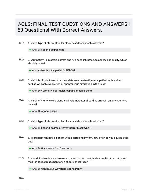 ACLS: FINAL TEST QUESTIONS AND ANSWERS |50 Questions| With Correct Answers.