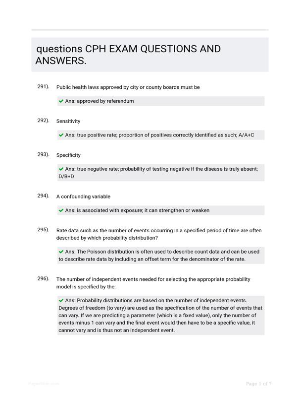 Questions CPH EXAM QUESTIONS AND ANSWERS.