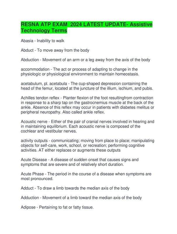RESNA ATP EXAM 2024 LATEST UPDATE- Assistive Technology Terms