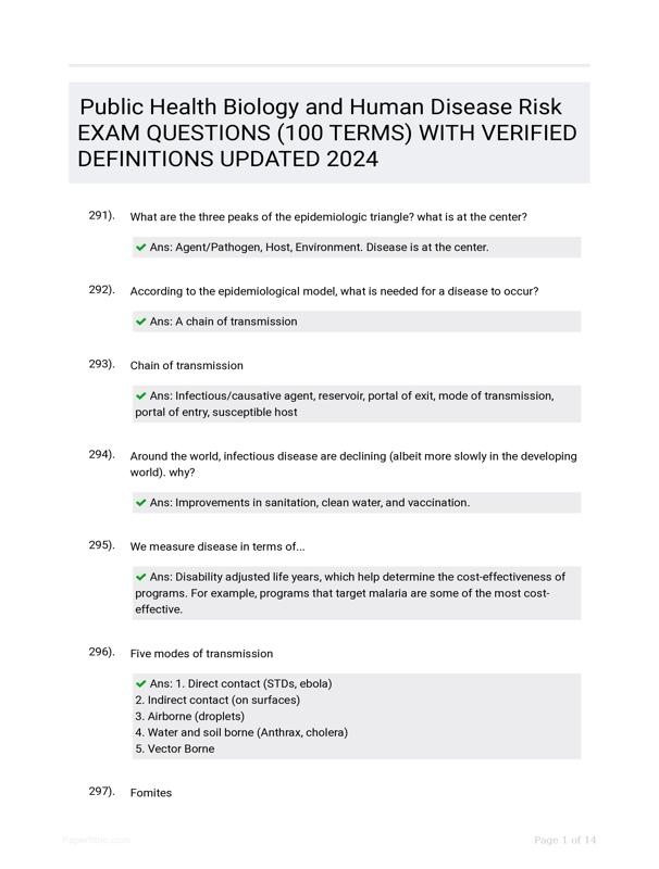 Public Health Biology And Human Disease Risk EXAM QUESTIONS (100 TERMS ...