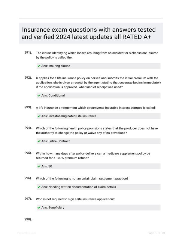 Insurance Exam Questions With Answers Tested And Verified 2024 Latest ...