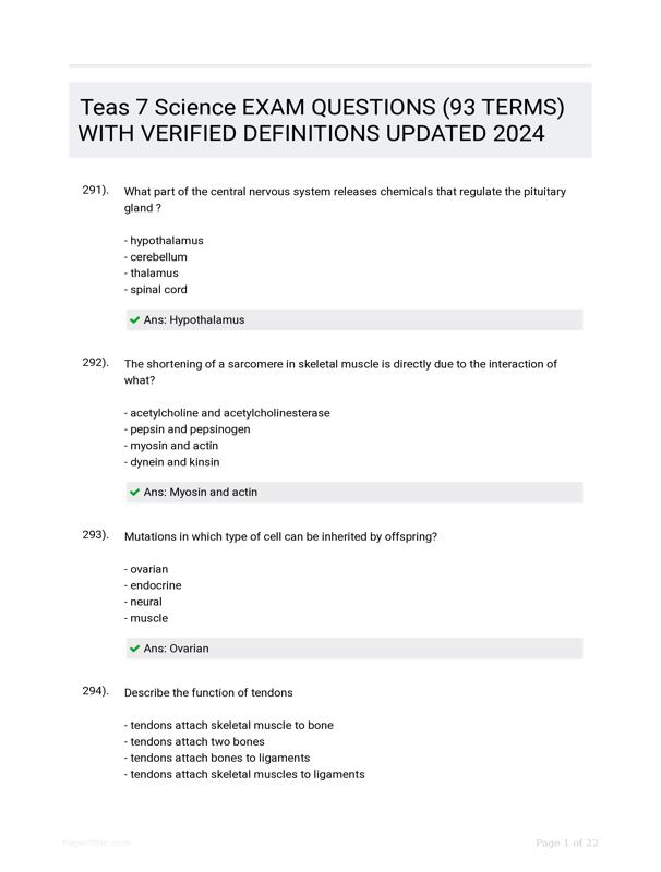 Teas 7 Science EXAM QUESTIONS (93 TERMS) WITH VERIFIED DEFINITIONS ...