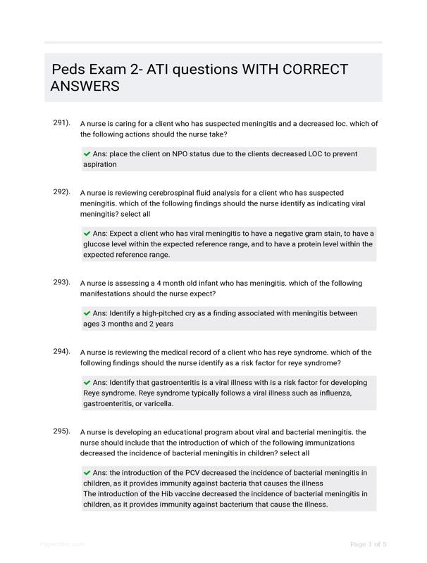 Peds Exam 2- ATI Questions WITH CORRECT ANSWERS