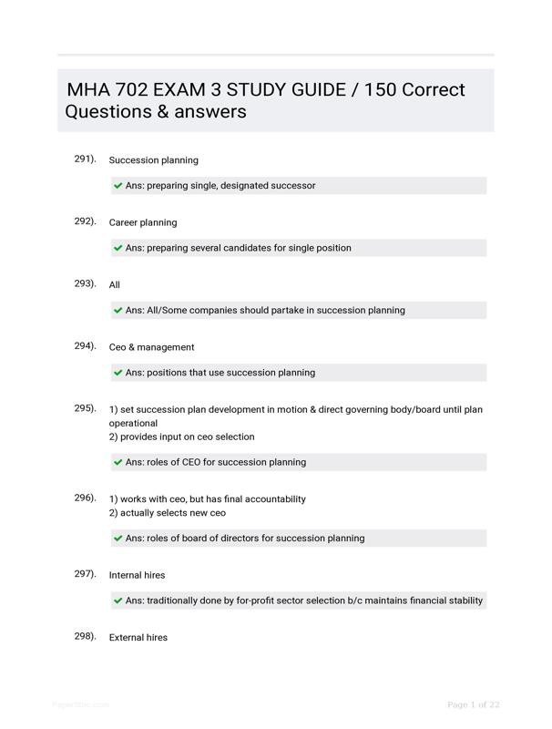 MHA 702 EXAM 3 STUDY GUIDE / 150 Correct Questions & Answers