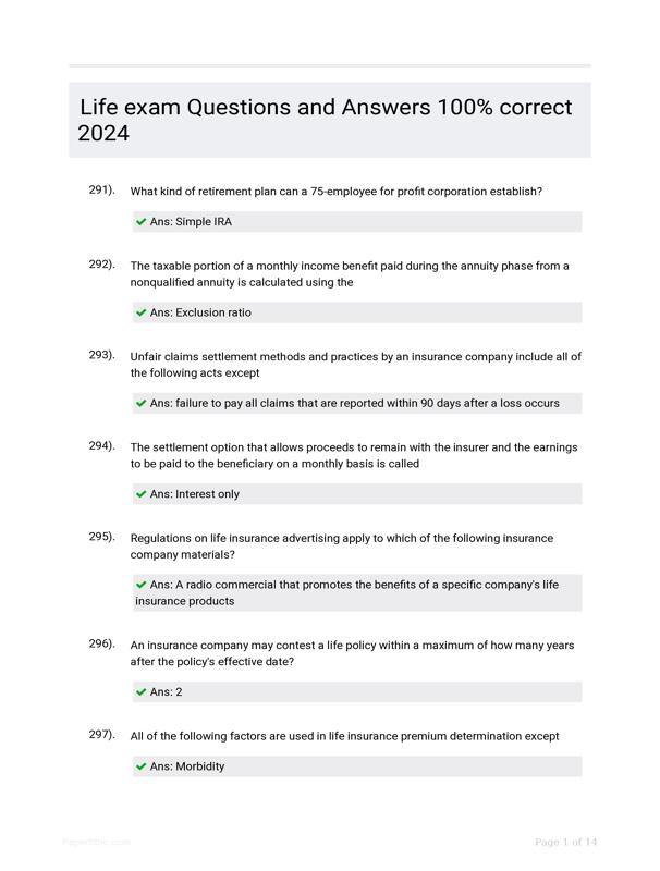 Life Exam Questions And Answers 100% Correct 2024