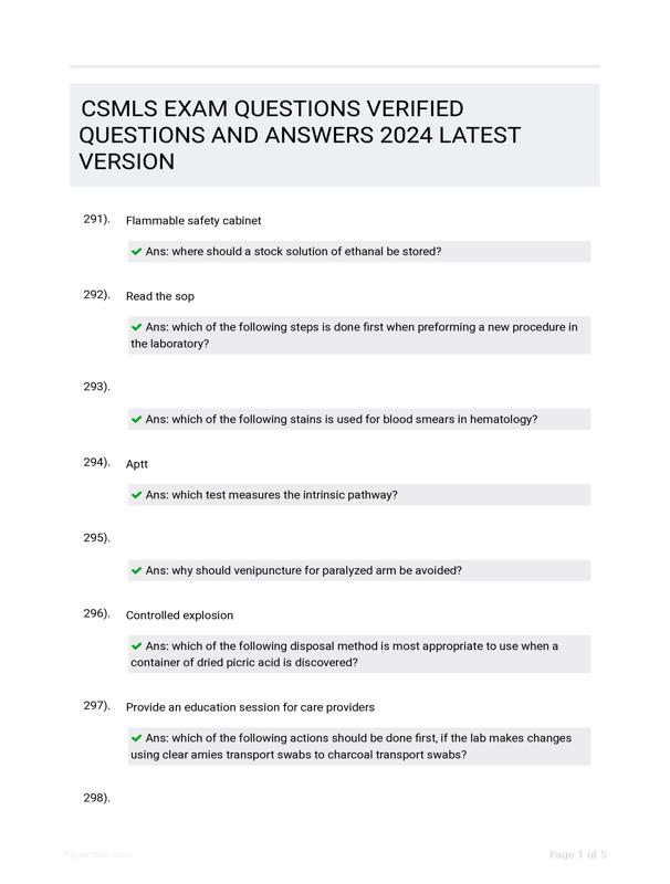 CSMLS EXAM QUESTIONS VERIFIED QUESTIONS AND ANSWERS 2024 LATEST VERSION