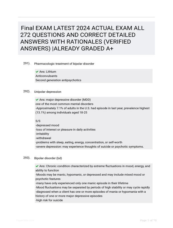 Final EXAM LATEST 2024 ACTUAL EXAM ALL 272 QUESTIONS AND CORRECT ...