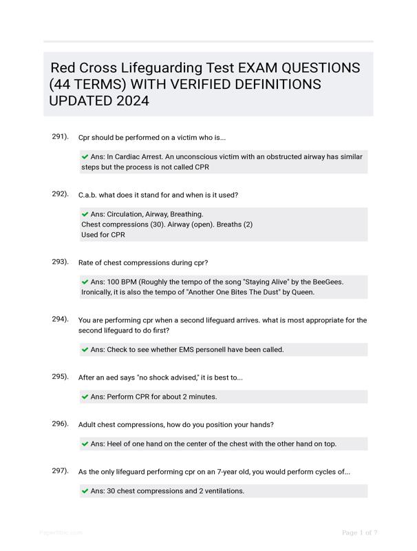 Red Cross Lifeguarding Test EXAM QUESTIONS (44 TERMS) WITH VERIFIED ...
