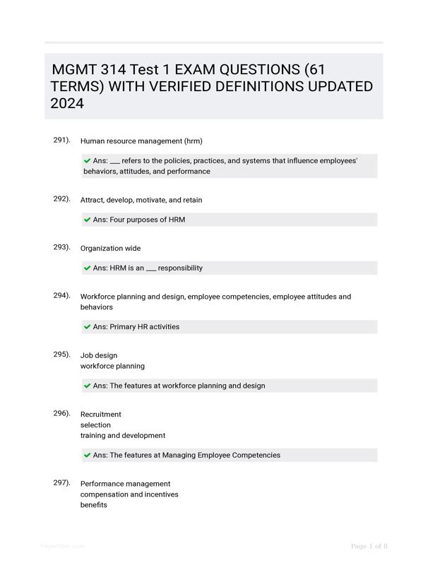 MGMT 314 Test 1 EXAM QUESTIONS (61 TERMS) WITH VERIFIED DEFINITIONS ...