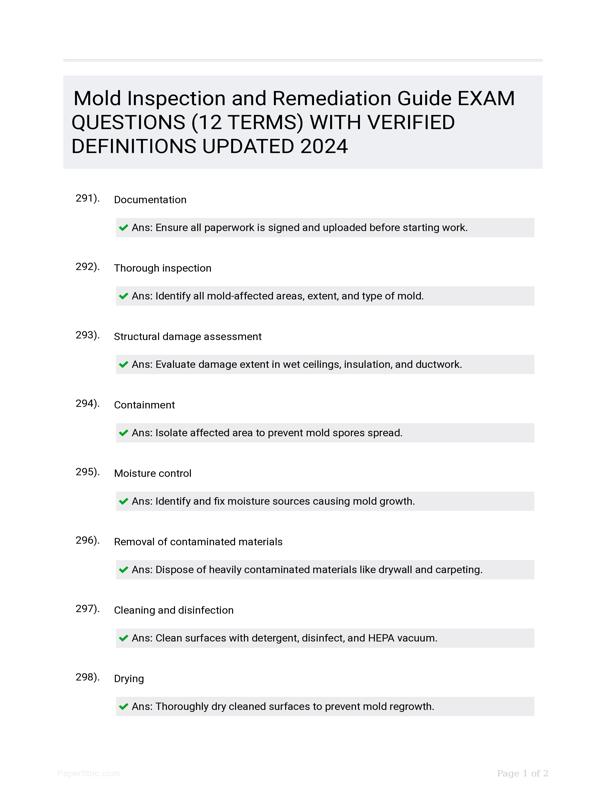 Mold Inspection And Remediation Guide EXAM QUESTIONS (12 TERMS) WITH ...