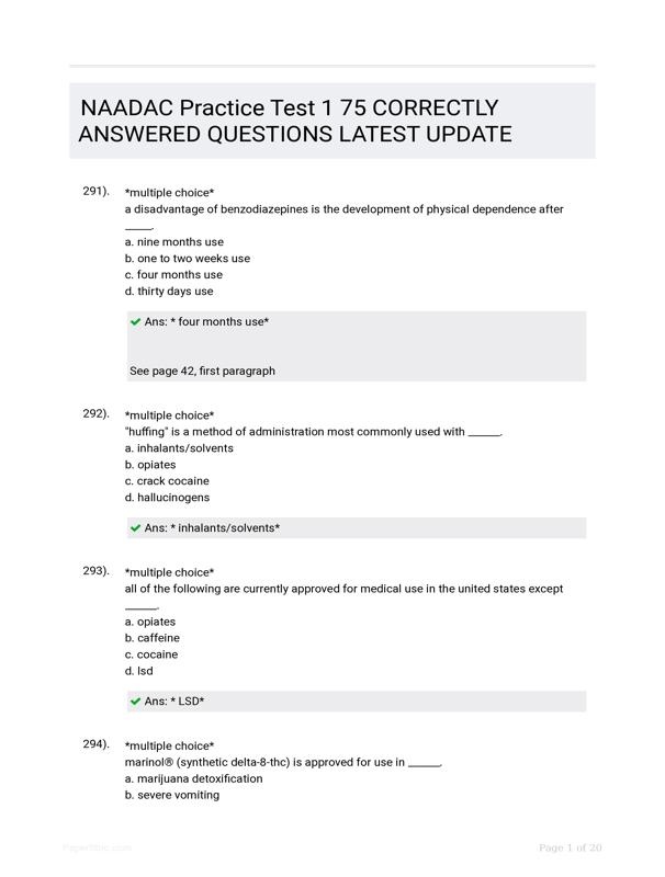 NAADAC Practice Test 1 75 CORRECTLY ANSWERED QUESTIONS LATEST UPDATE