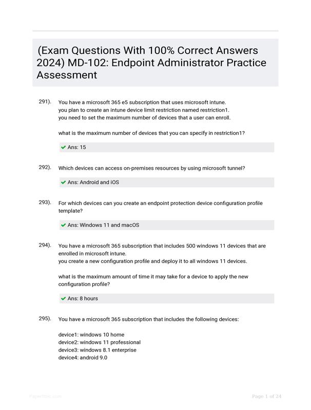 (Exam Questions With 100% Correct Answers 2024) MD-102: Endpoint ... (Exam Questions With 100% Correct Answers 2024) MD-102: Endpoint ...