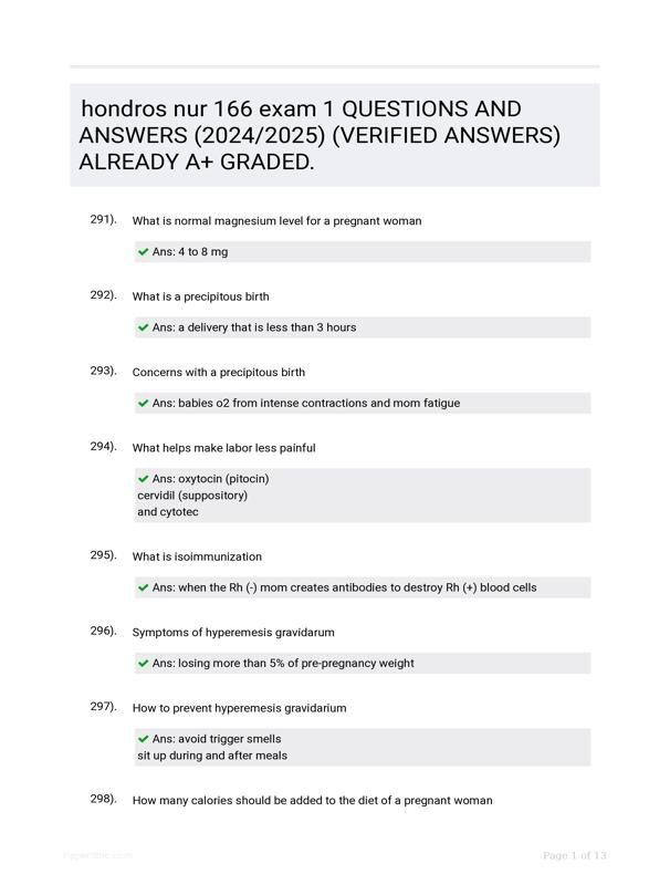 Hondros Nur 166 Exam 1 QUESTIONS AND ANSWERS (2024/2025) (VERIFIED ...