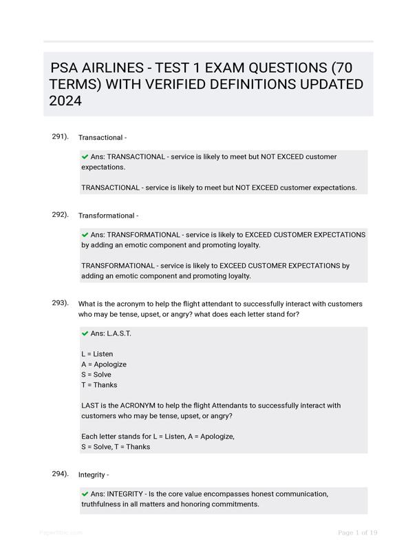 PSA AIRLINES - TEST 1 EXAM QUESTIONS (70 TERMS) WITH VERIFIED ...