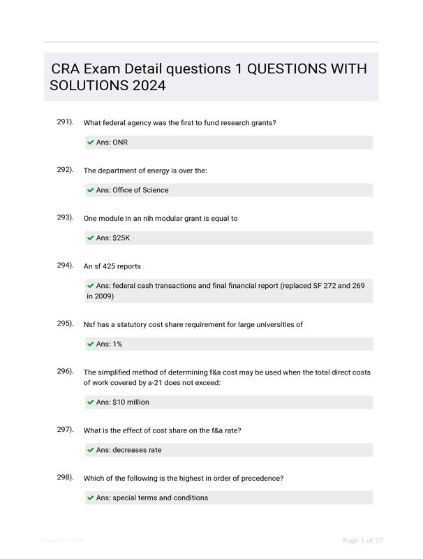 CRA Exam Detail Questions 1 QUESTIONS WITH SOLUTIONS 2024