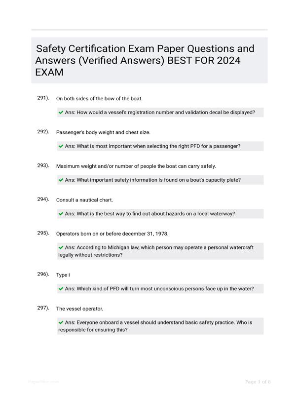 Safety Certification Exam Paper Questions And Answers (Verified Answers ...