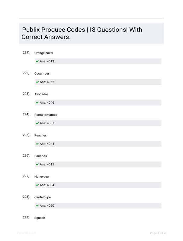 Publix Produce Codes |18 Questions| With Correct Answers.
