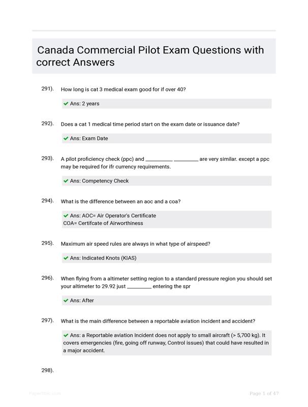 Canada Commercial Pilot Exam Questions With Correct Answers