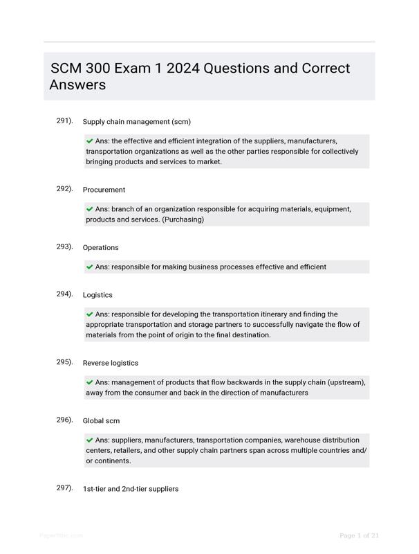 SCM 300 Exam 1 2024 Questions And Correct Answers