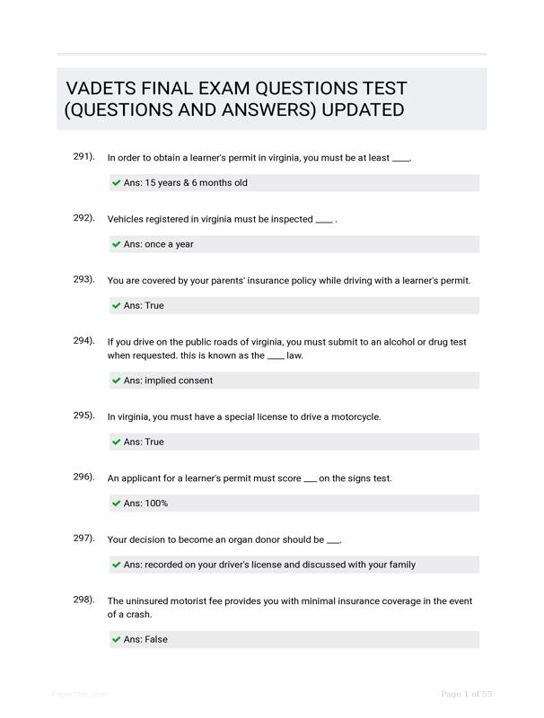 VADETS FINAL EXAM QUESTIONS TEST (QUESTIONS AND ANSWERS) UPDATED