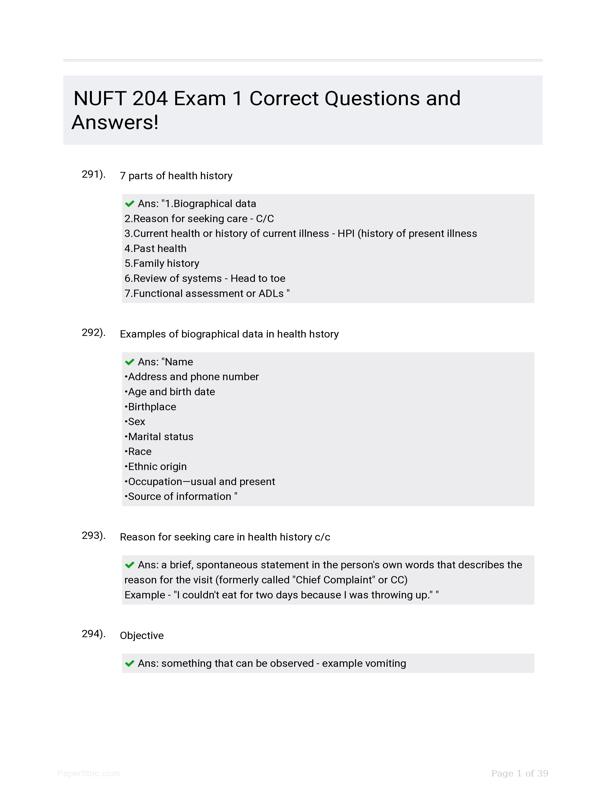 NUFT 204 Exam 1 Correct Questions And Answers!