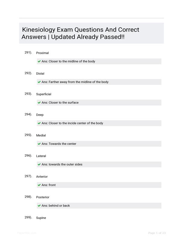 Kinesiology Exam Questions And Correct Answers | Updated Already Passed!!