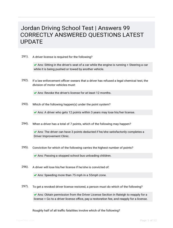 Jordan Driving School Test | Answers 99 CORRECTLY ANSWERED QUESTIONS ...