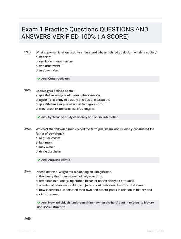 Exam 1 Practice Questions QUESTIONS AND ANSWERS VERIFIED 100% ( A SCORE)