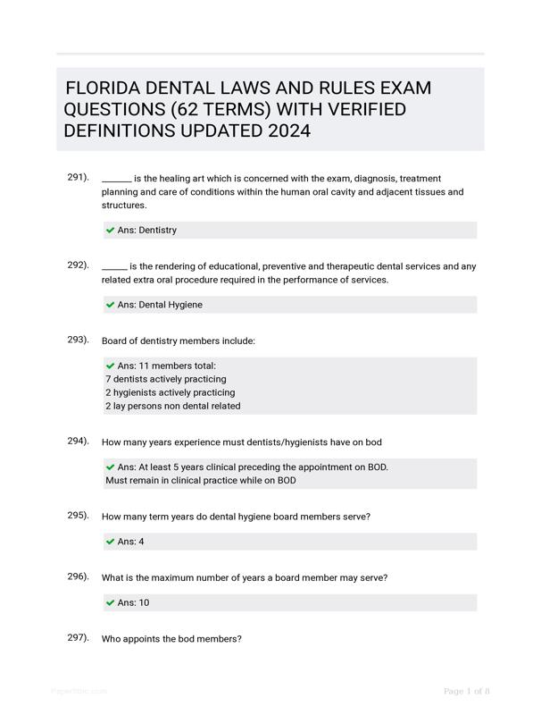 FLORIDA DENTAL LAWS AND RULES EXAM QUESTIONS (62 TERMS) WITH VERIFIED ...