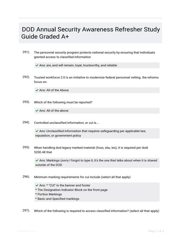DOD Annual Security Awareness Refresher Study Guide Graded A+