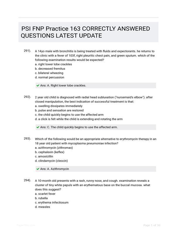 PSI FNP Practice 163 CORRECTLY ANSWERED QUESTIONS LATEST UPDATE