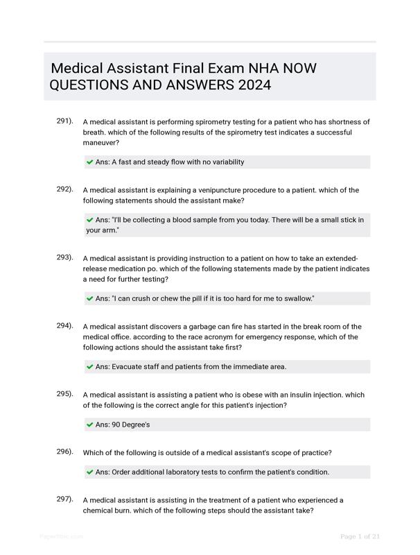 Medical Assistant Final Exam NHA NOW QUESTIONS AND ANSWERS 2024