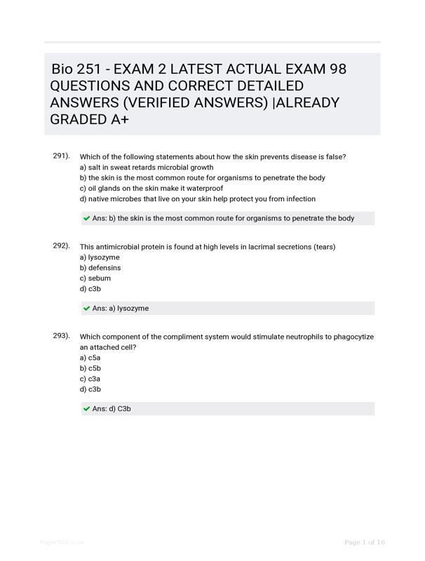Bio 251 - EXAM 2 LATEST ACTUAL EXAM 98 QUESTIONS AND CORRECT DETAILED ...
