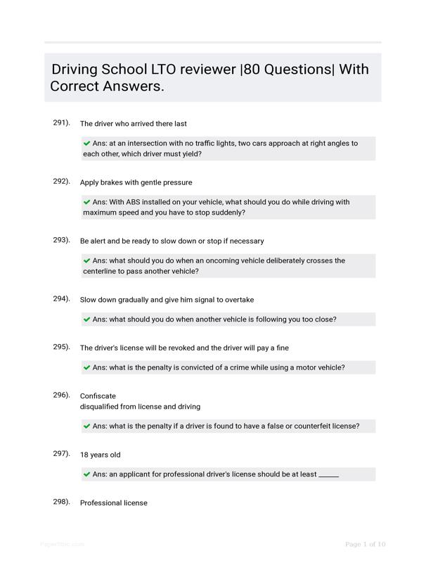 Driving School LTO Reviewer |80 Questions| With Correct Answers.