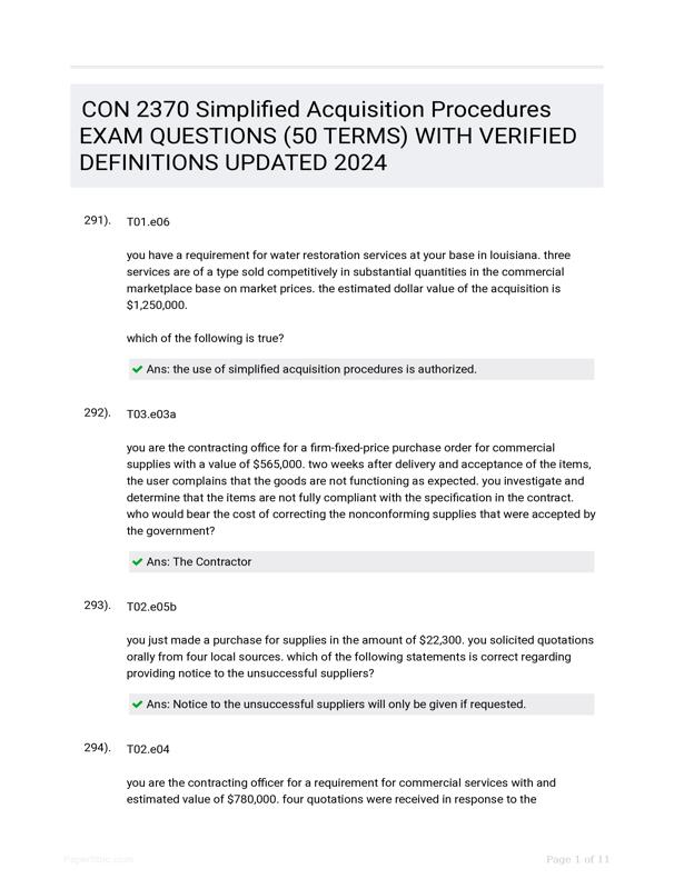 CON 2370 Simplified Acquisition Procedures EXAM QUESTIONS (50 TERMS ...