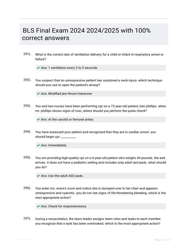BLS Final Exam 2024 2024/2025 With 100% Correct Answers
