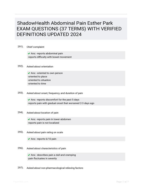 ShadowHealth Abdominal Pain Esther Park EXAM QUESTIONS (37 TERMS) WITH ...