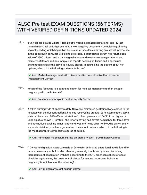 ALSO Pre Test EXAM QUESTIONS (56 TERMS) WITH VERIFIED DEFINITIONS ...