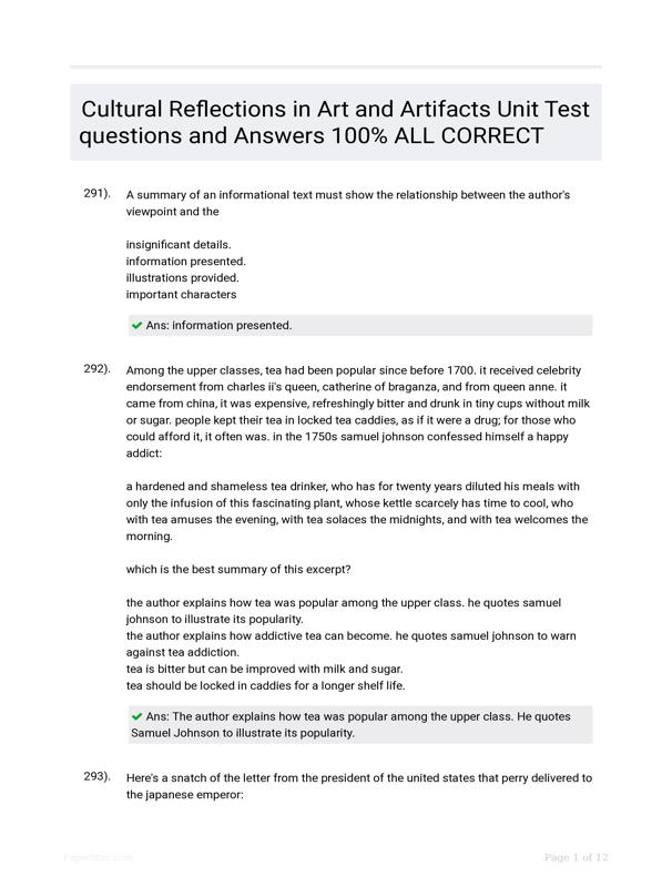 Cultural Reflections In Art And Artifacts Unit Test Questions And ...