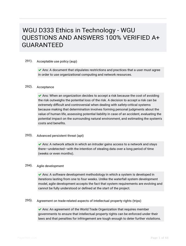 WGU D333 Ethics In Technology - WGU QUESTIONS AND ANSWERS 100% VERIFIED ...