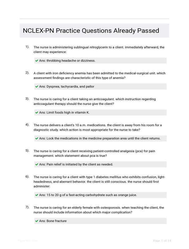 NCLEX-PN Practice Questions Already Passed
