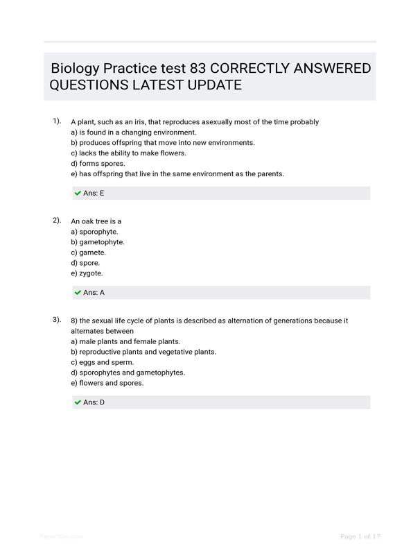 Biology Practice Test 83 CORRECTLY ANSWERED QUESTIONS LATEST UPDATE