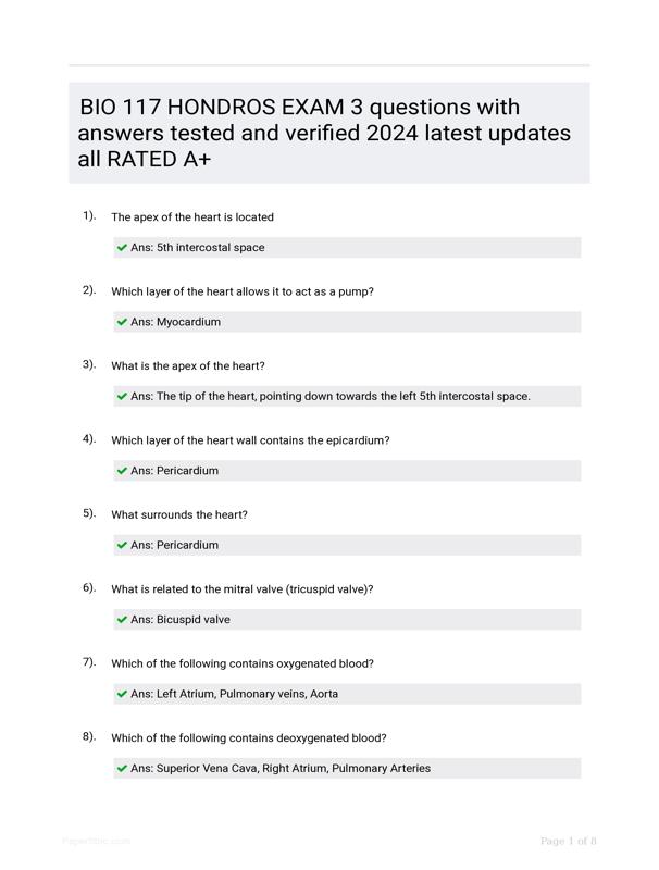BIO 117 HONDROS EXAM 3 Questions With Answers Tested And Verified 2024 ...