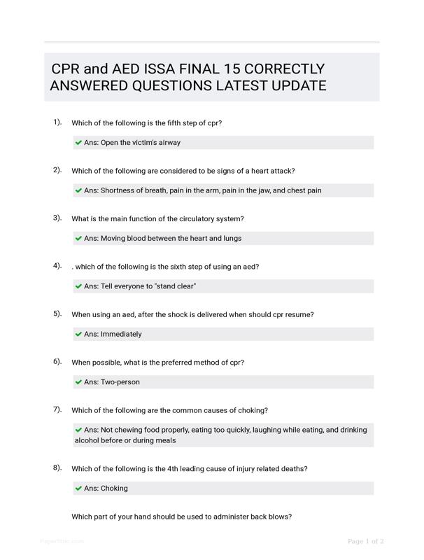CPR And AED ISSA FINAL 15 CORRECTLY ANSWERED QUESTIONS LATEST UPDATE