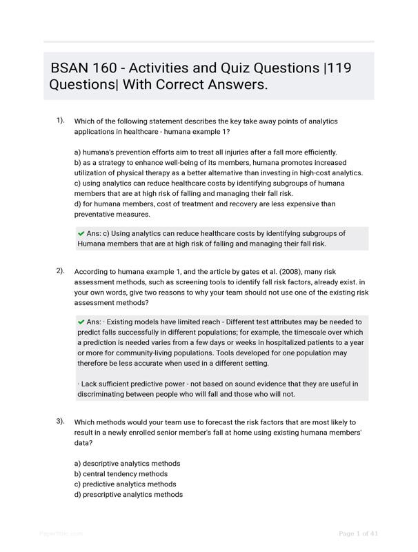 BSAN 160 - Activities And Quiz Questions |119 Questions| With Correct Answers.