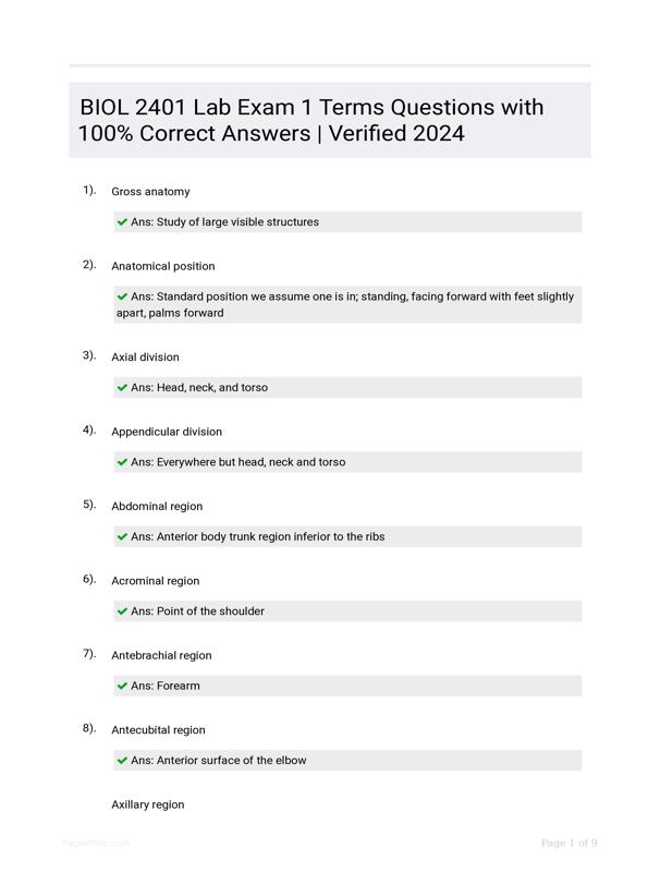 BIOL 2401 Lab Exam 1 Terms Questions With 100% Correct Answers ...