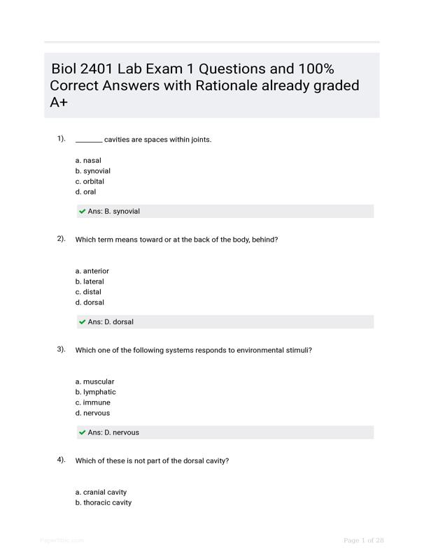 Biol 2401 Lab Exam 1 Questions And 100% Correct Answers With Rationale ...