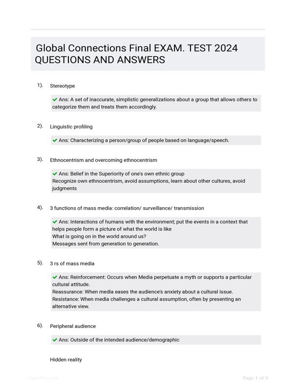 Global Connections Final EXAM. TEST 2024 QUESTIONS AND ANSWERS